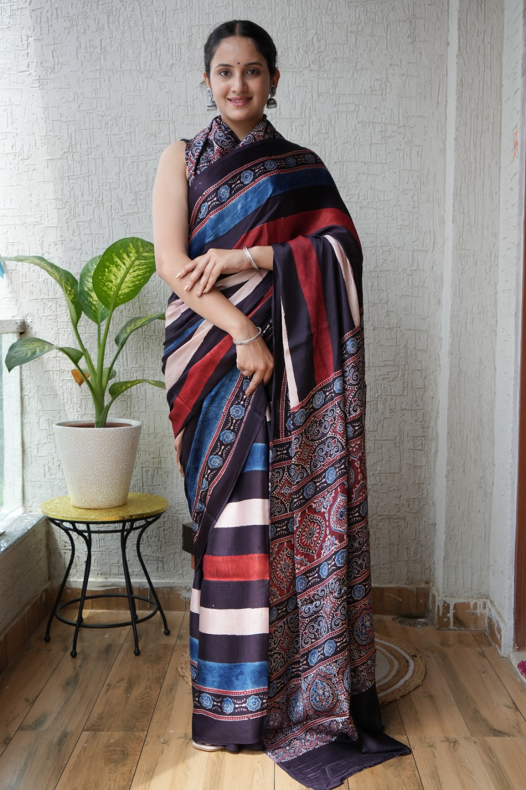 HAND BLOCK PRINTED AJARKH MODAL SILK SAREE (CIG6) – Chhipa Indigo Fab