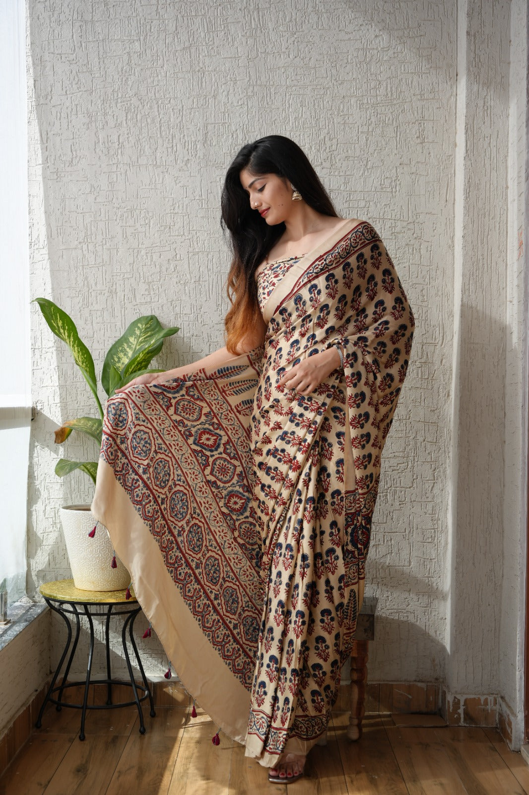 HAND BLOCK PRINTED AJARKH MODAL SILK SAREE (CIG18) – Chhipa Indigo Fab