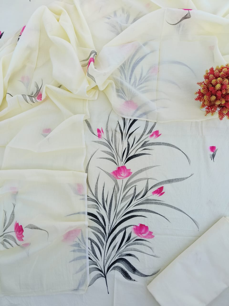 HAND BLOCK PRINTED COTTON 3-PIS SUIT WITH MULMUL DUPPATA (CMS1 ...