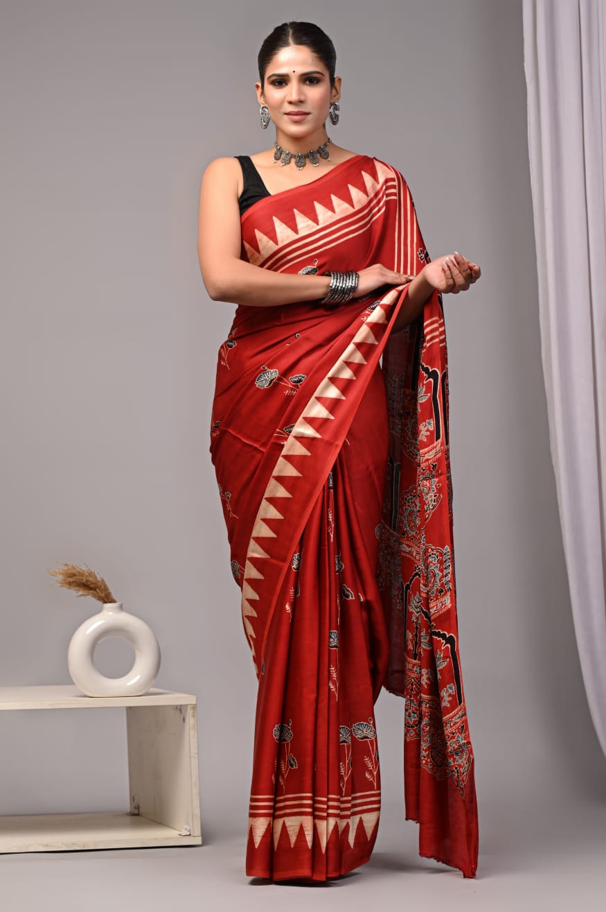 HAND BLOCK PRINTED AJARKH MODAL SILK SAREE (CIG31) – Chhipa Indigo Fab