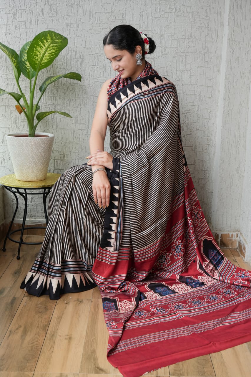 HAND BLOCK PRINTED AJARKH MODAL SILK SAREE (CIG14) – Chhipa Indigo Fab