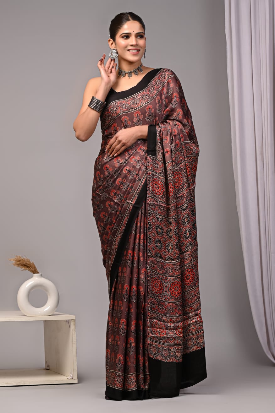 HAND BLOCK PRINTED AJARKH MODAL SILK SAREE (CIG13) – Chhipa Indigo Fab