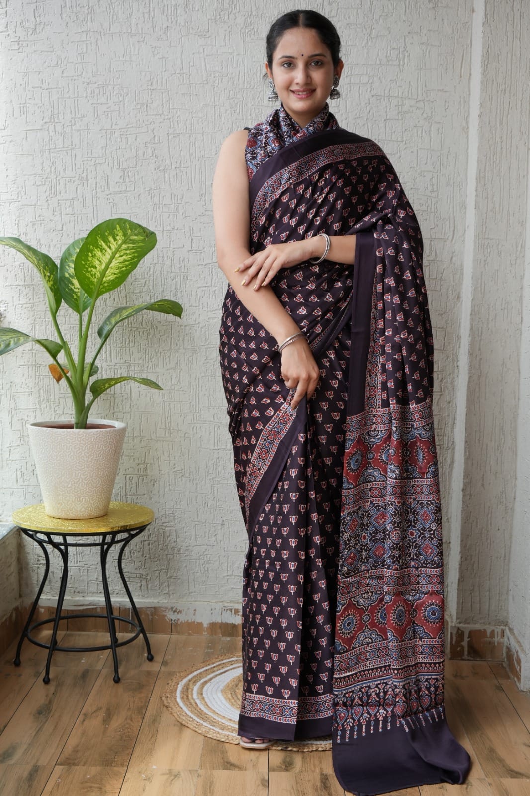 HAND BLOCK PRINTED AJARKH MODAL SILK SAREE (CIG12) – Chhipa Indigo Fab